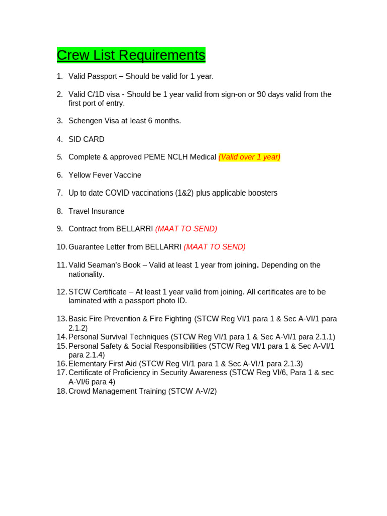 Crew List Requirements 2024 | PDF
