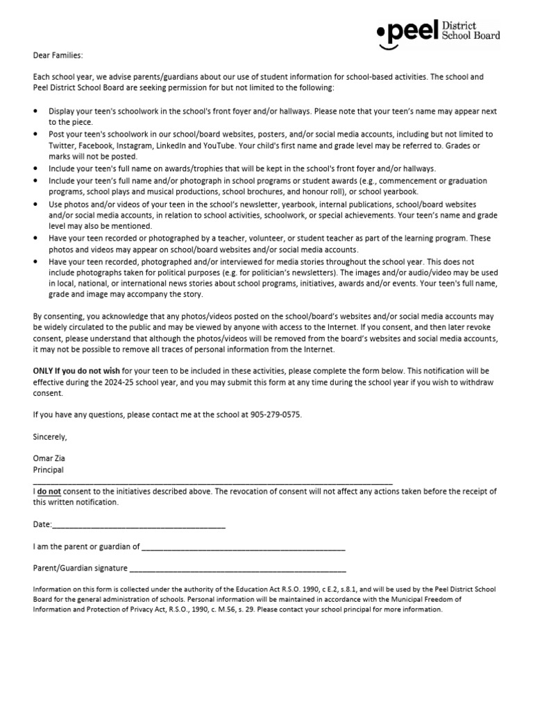 SECONDARY Media Consent Form 2024-2025 | PDF