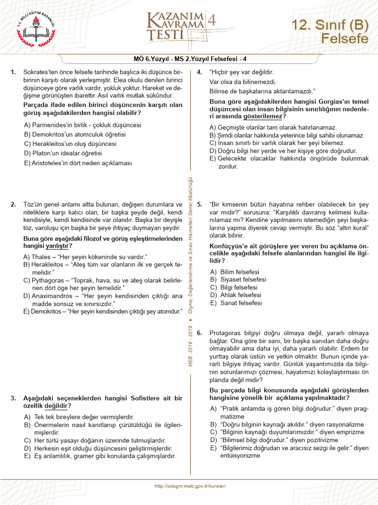 Sınıf (B) Felsefe: MÖ 6.yüzyıl - MS 2.yüzyıl Felsefesi - 4 | PDF