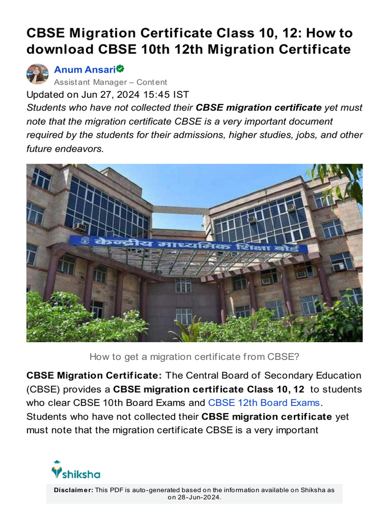 CBSE Migration Certificate Class 10, 12: How To Download CBSE 10th 12th ...
