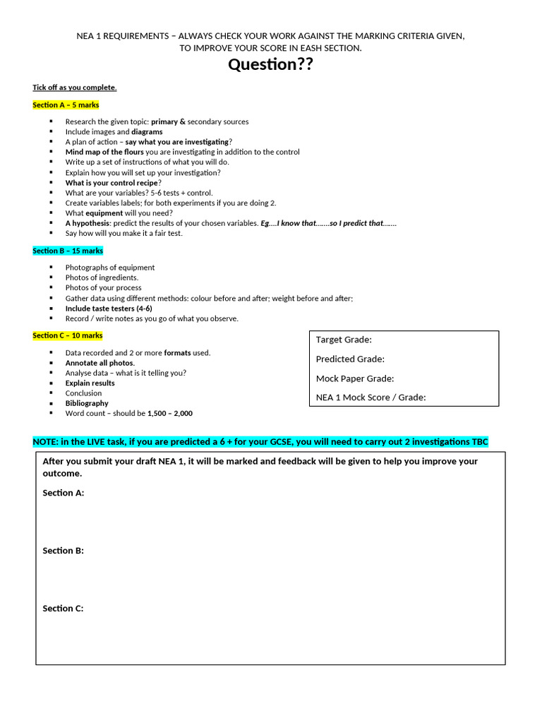 Breakdown of Nea 1 Requirements STUDENT CHECKLIST and GRADES | PDF