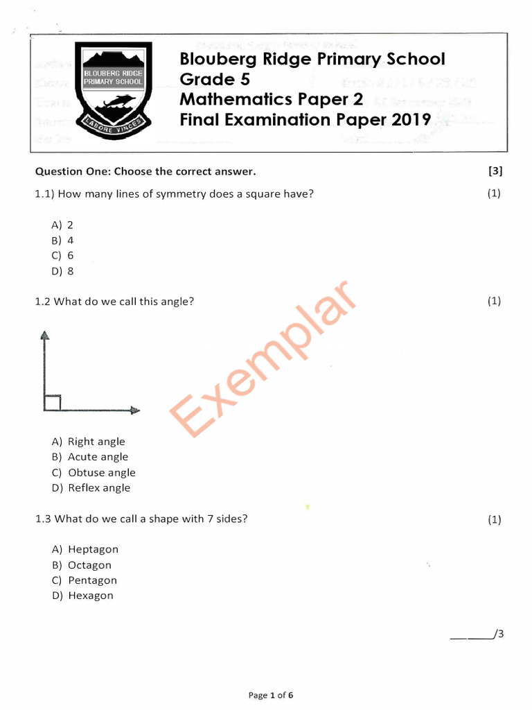 Grade 5 Mathematics Paper 2 Final Examination 2019 | PDF