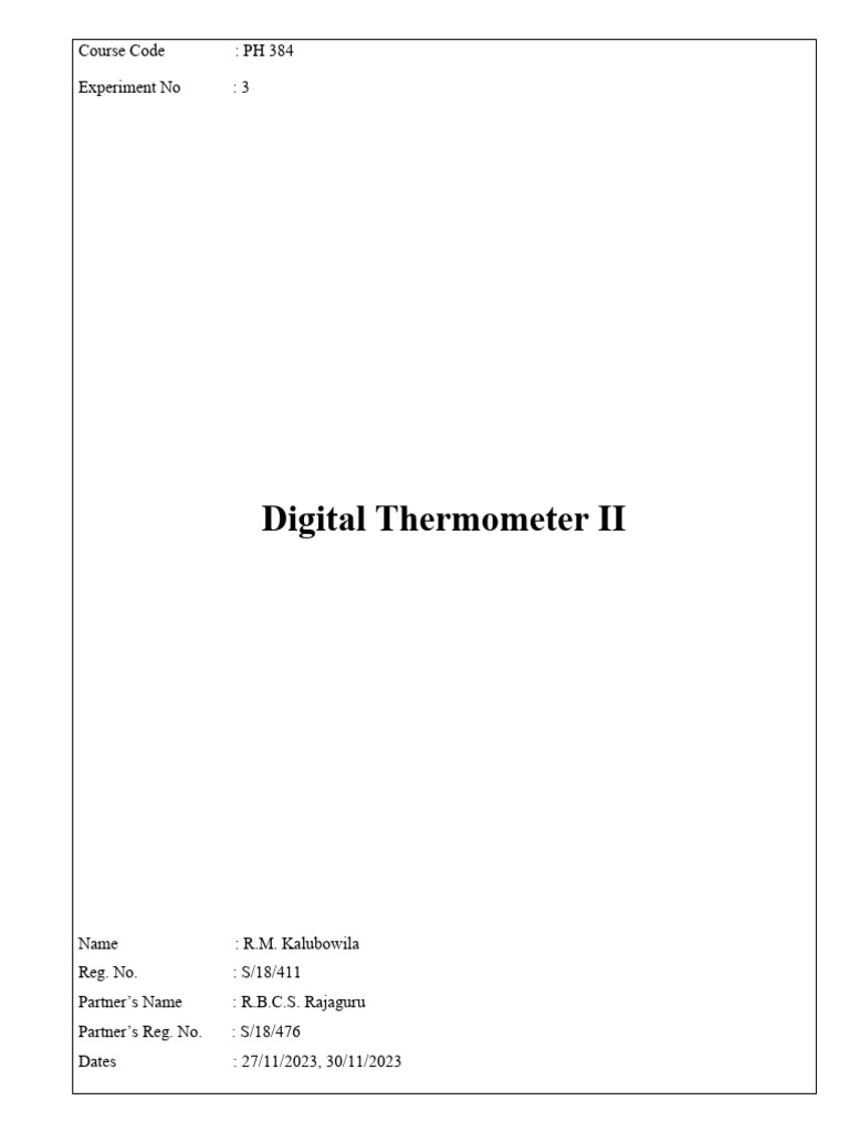 Digital Thermometer II: Course Code: PH 384 Experiment No: 3 | PDF