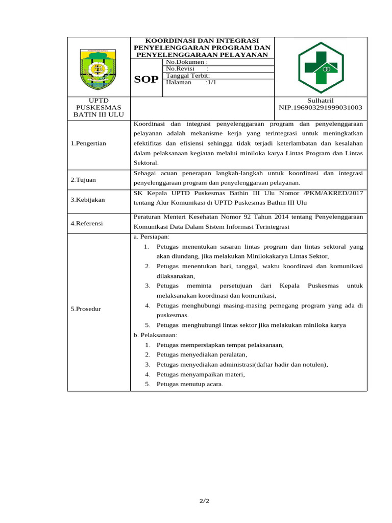 1.2.5.1. Sop Koordinasi Dan Integrasi Penyelenggaraan Program Dan Pelayanan | PDF
