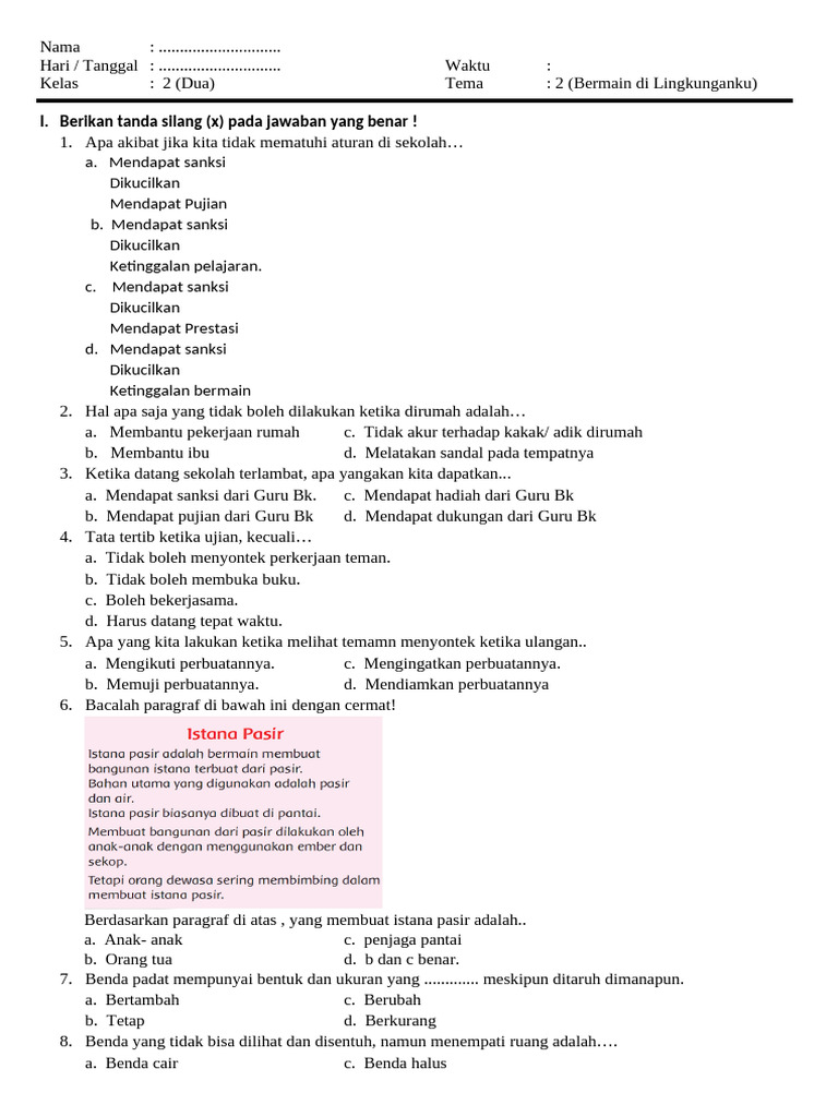 Soal Pas KLS 2 Tema 2 | PDF