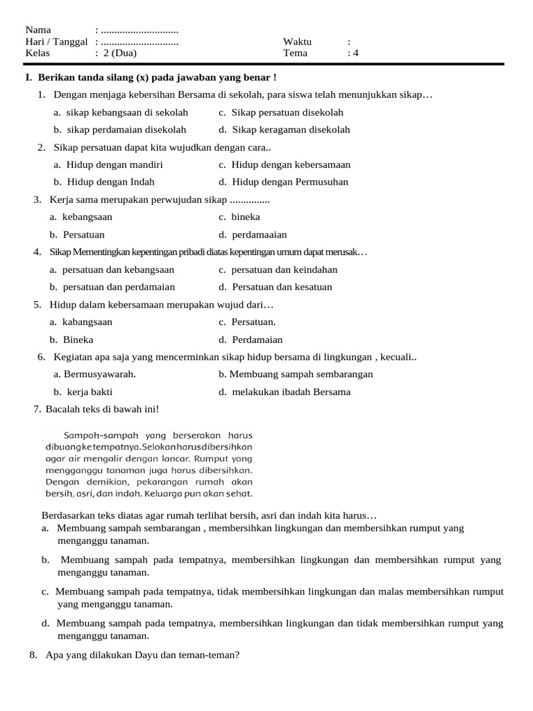 Soal Pas KLS 2 Tema 4 | PDF