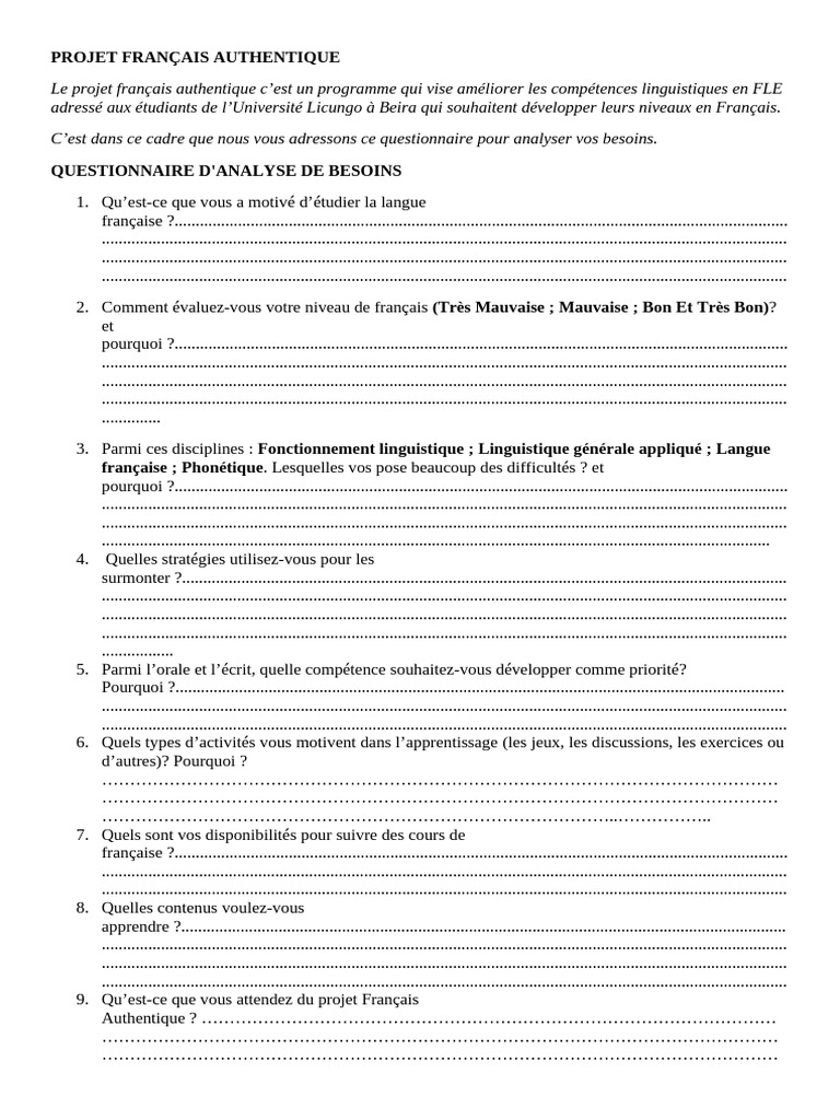 Questionnaire D'analyse de Besoins - 081628 | PDF