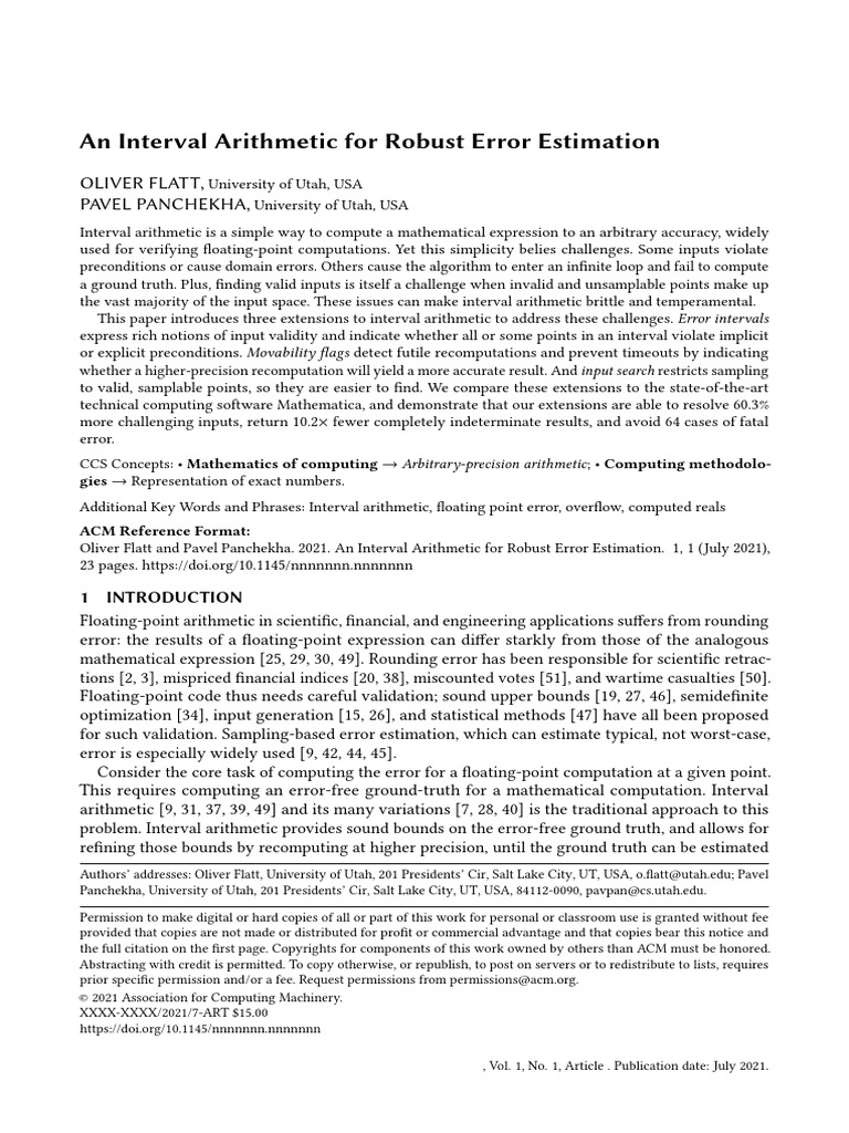 An Interval Arithmetic For Robust Error Estimation: Oliver Flatt, Pavel Panchekha | PDF