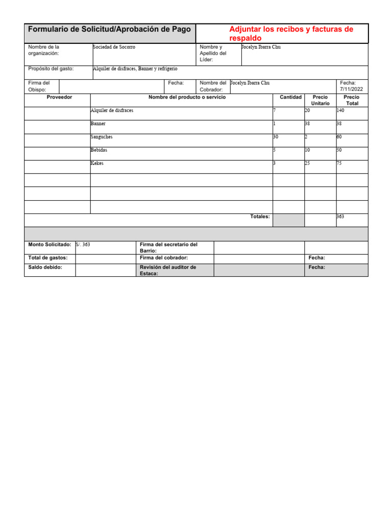 Formulario de Solicitud de Pago Barrio Carta o A4 Single | PDF