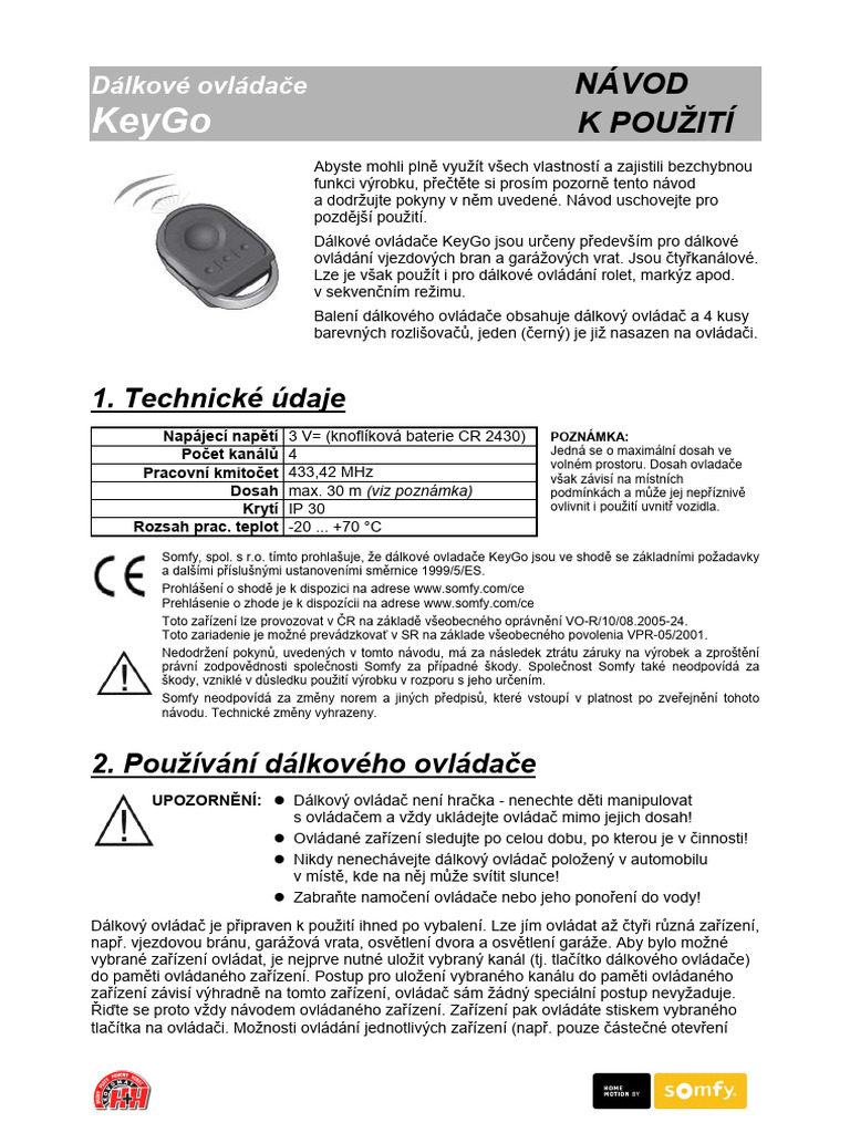 Navod Na Slouceni Dalkovy Ovladac Somfy KeyGo | PDF