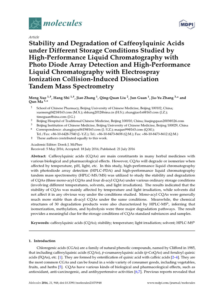 Stability and Degradation of Caffeoylquinic Acids | PDF