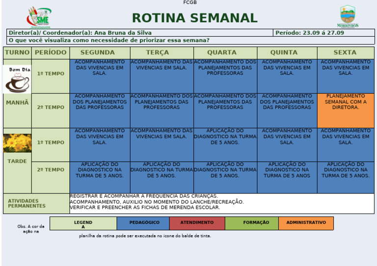 Rotina Coordenadora Bruna Semana 23.09 A 27.09 | PDF