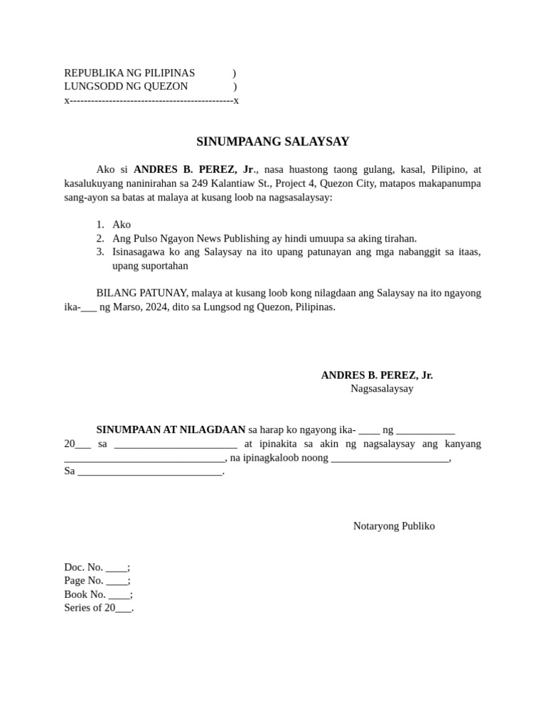 Sinumpaang Salaysay Sample | PDF