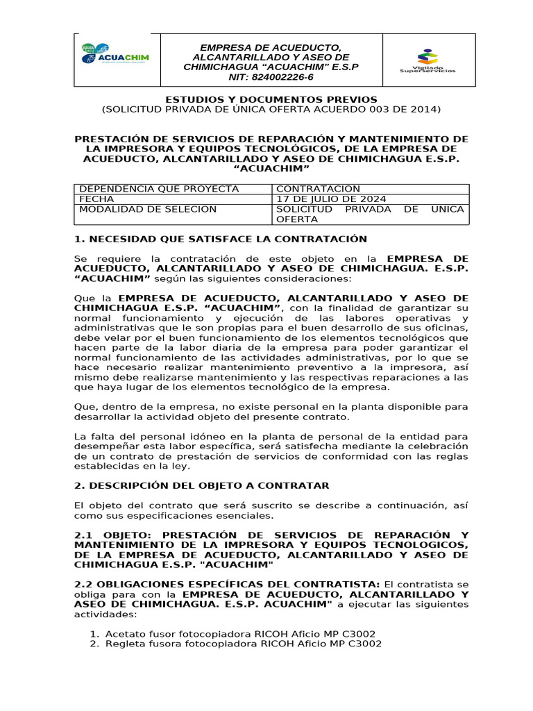 Estudio Previo y Contrato Mantenimiento Fotocopiadora | PDF