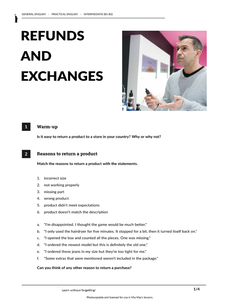 Refunds and Exchanges American English Teacher Ver2 BW | PDF