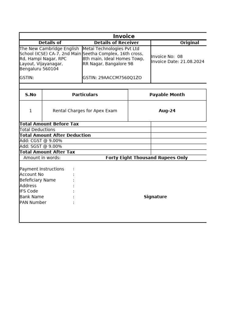 Test Center Invoice Format - New Cambridge School | PDF