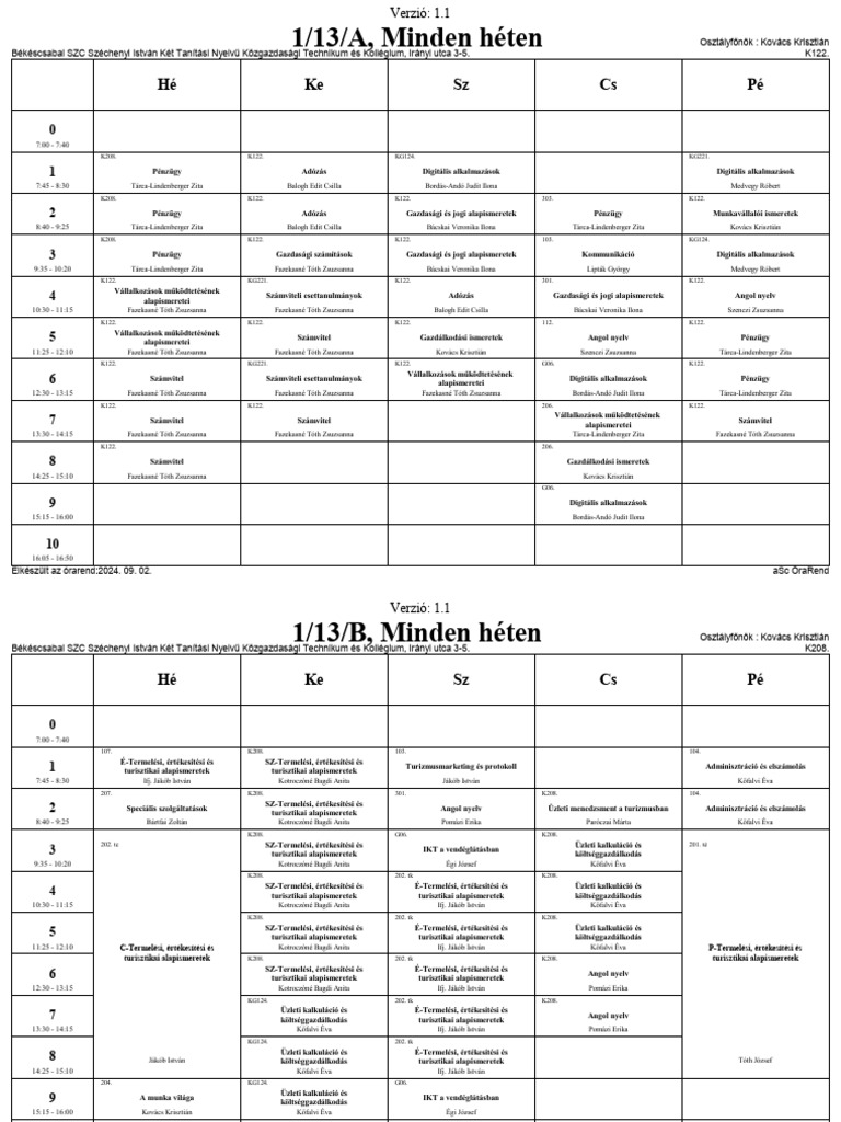 Osztalyok Egyforma Hettel 2024 2025 1 Felev v1 1 | PDF