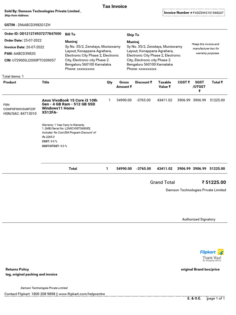 Asus VivoBook Invoice | PDF | Computer Hardware | Personal Computers