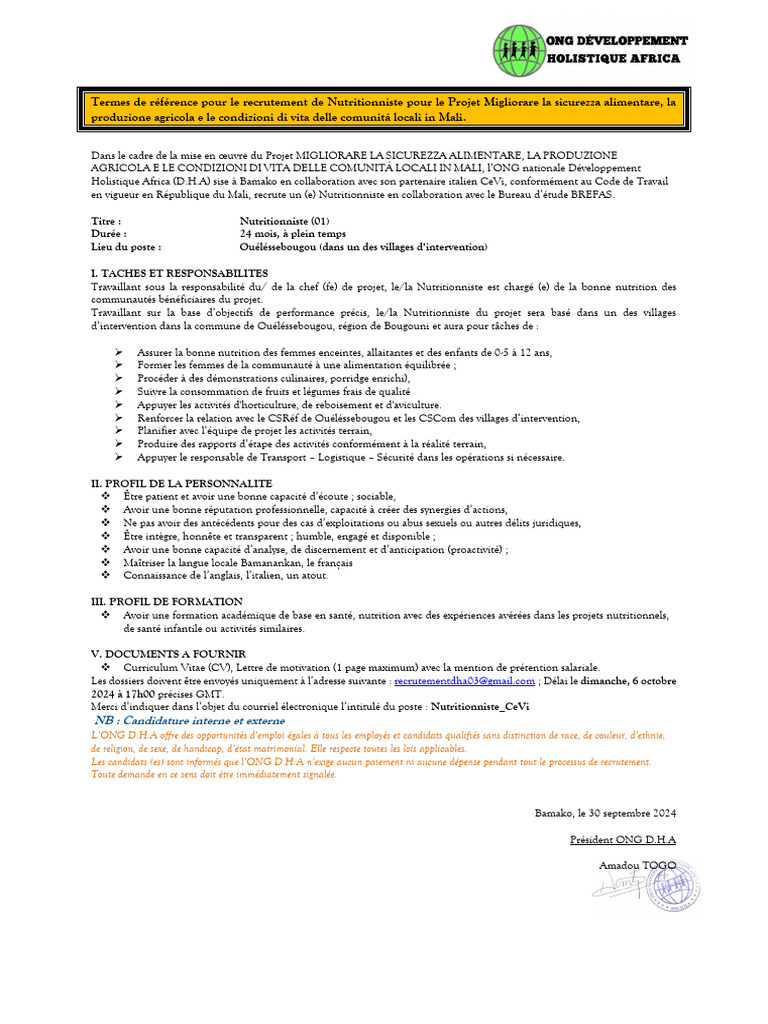 Avis Recrutment Nutritionniste CeVi | PDF