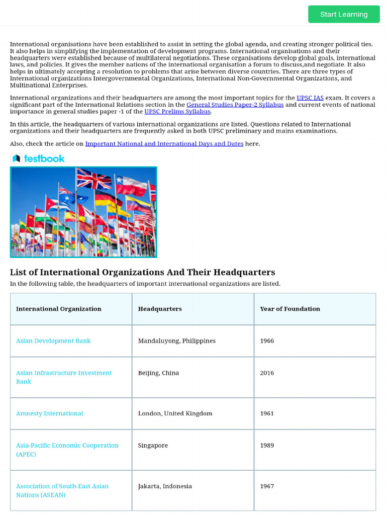 List of International Organizations and Their Headquarters - UPSC | PDF