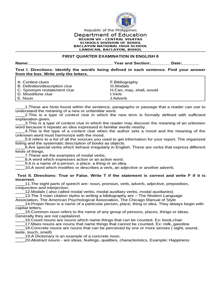 English 8 First Quarter Exam Guide | PDF | Noun | Verb