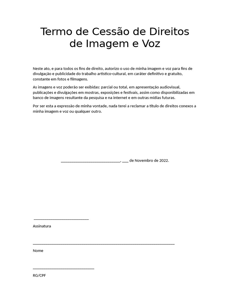Termo De Cessão De Direitos De Imagem E Voz Pdf