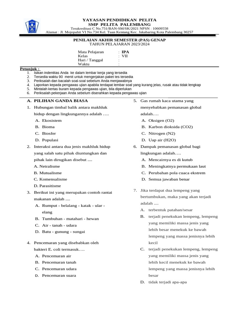 Kop Soal Ipa 7 | PDF