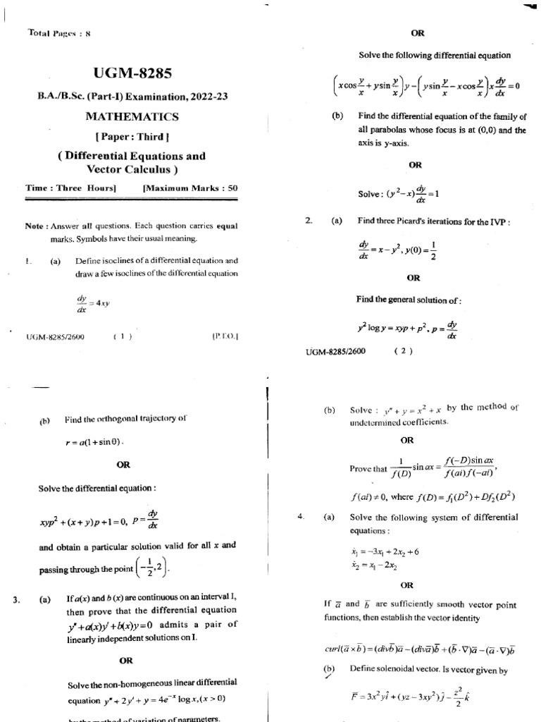 Ba BSC Part 1 Mathematics p3 Differential Equations and Vector Ugm 8285 2023 | PDF