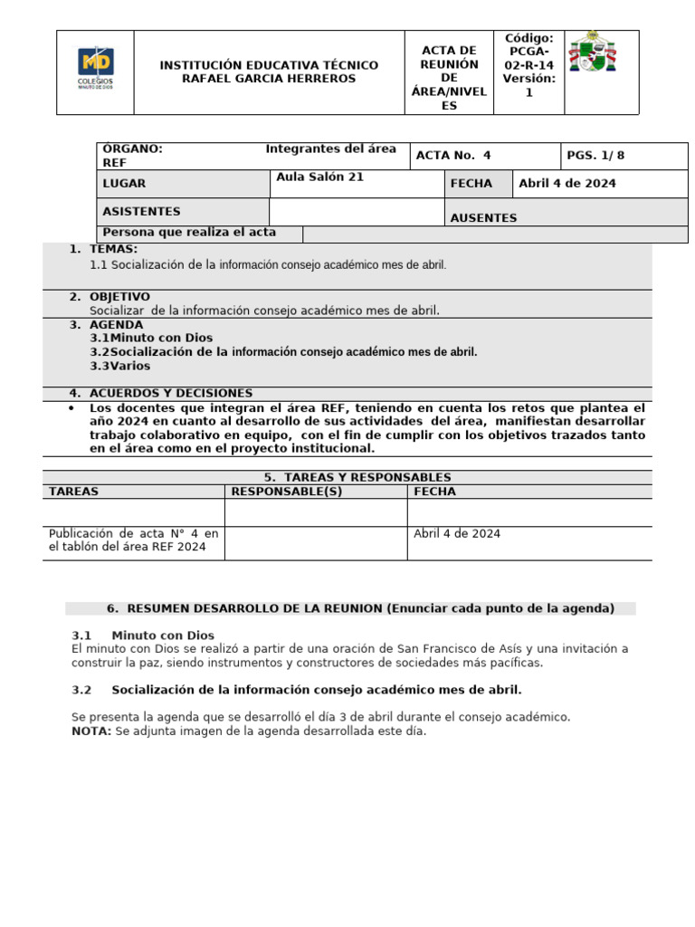 Acta #4 Reunión Área REF | PDF