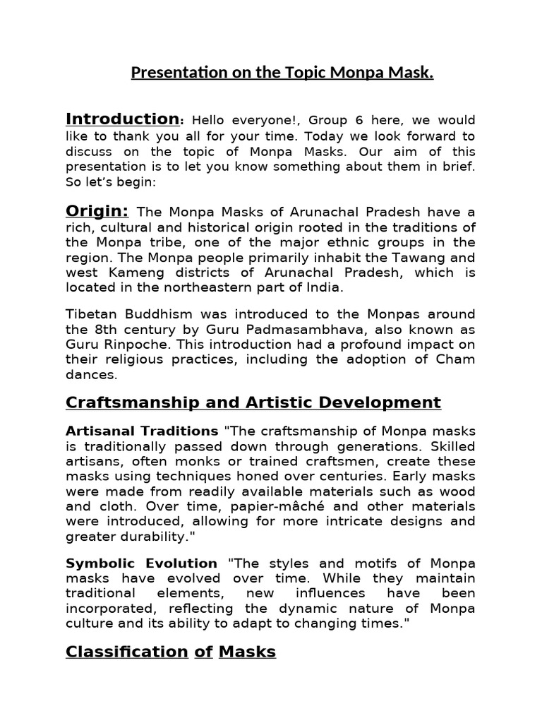 Presentation On The Topic Monpa Mask (Group6) | PDF | Padmasambhava | Mask