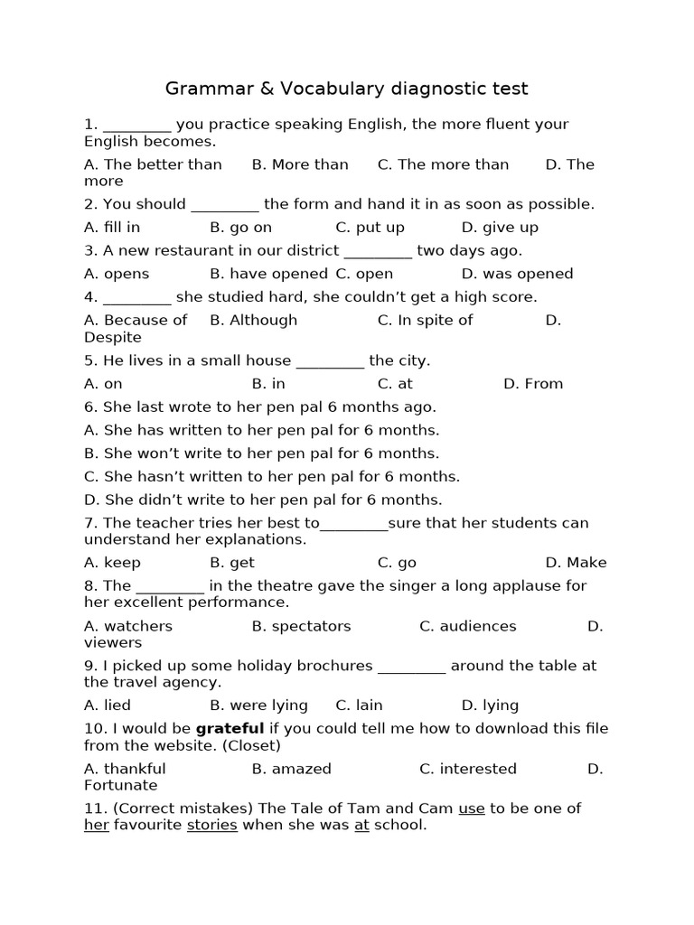 Grammar & Vocabulary Diagnostic Test | PDF