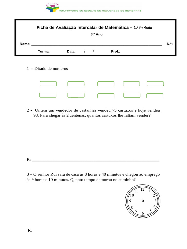 Ficha de Avaliação Matemática Intercalar 1.º Período 2023 | PDF