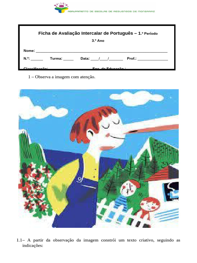 Ficha de Avaliação Português Intercalar 1.º Período 2023 | PDF