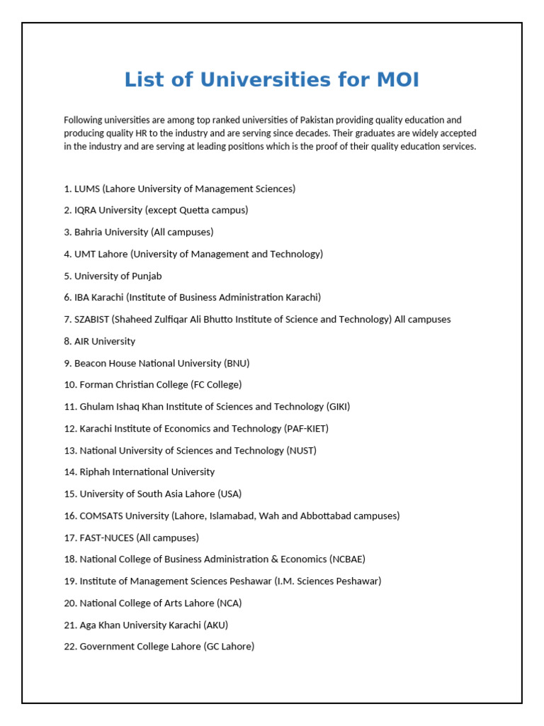 MOI List For Bangor University | PDF