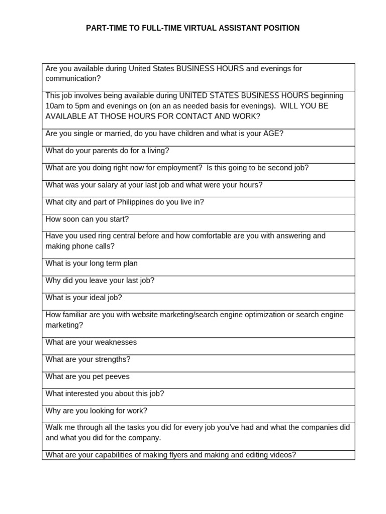 VIRTUAL ASSISTANT QUESTIONNAIRE 01192023.docx | PDF