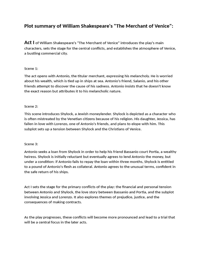 Plot Summary of William Shakespeare's - The Merchant of Venice | PDF