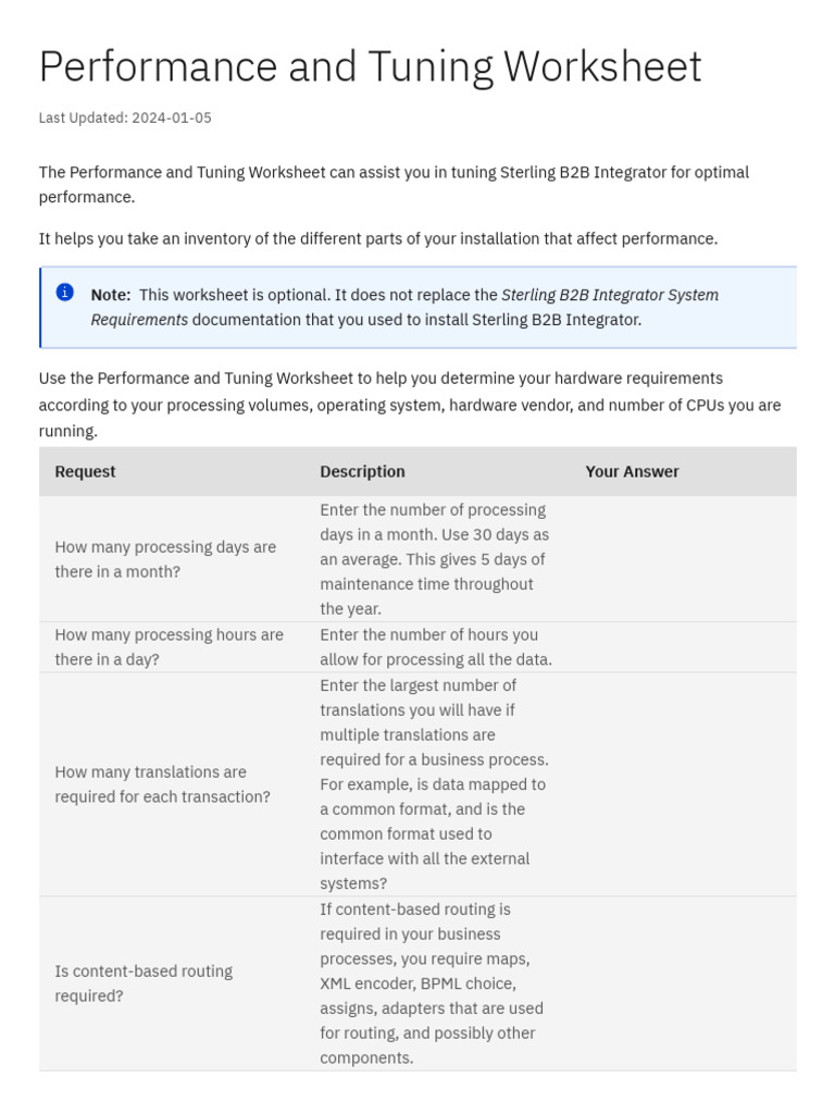 Performance and Tuning Worksheet - IBM Documentation | PDF | Operating System | Business