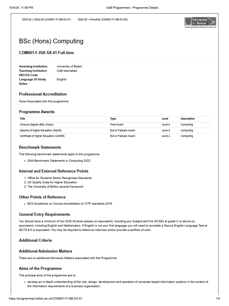 UoB Programmes - Programme Details | PDF