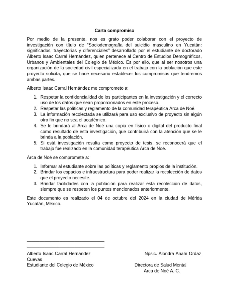 Carta Compromiso Proyecto de Investigación | PDF | Ciencias sociales