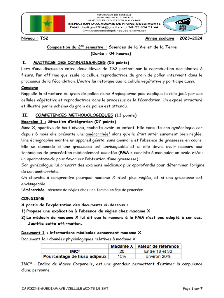 Composiion TS2 2nd Semestre IA PK-GUE 2023-2024 + Correction | PDF