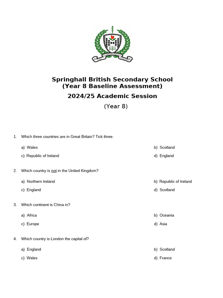 Year 8 Geography Baseline Test NEW | PDF