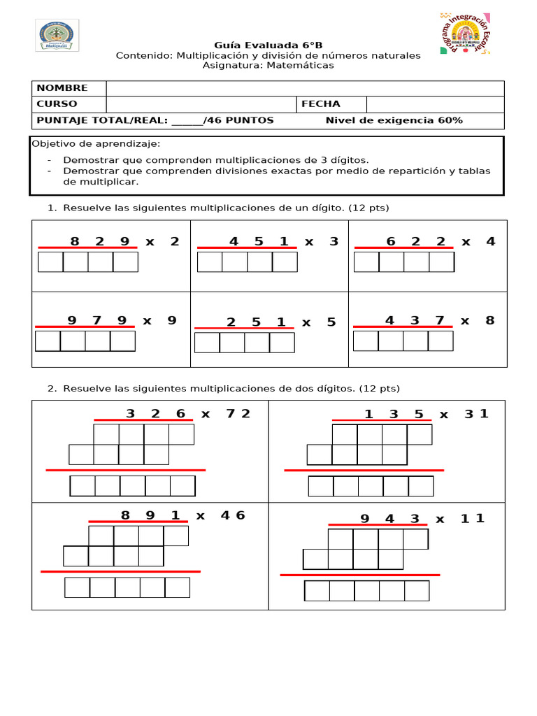 Guia Evaluada de Multiplicaciones y Divisiones | PDF