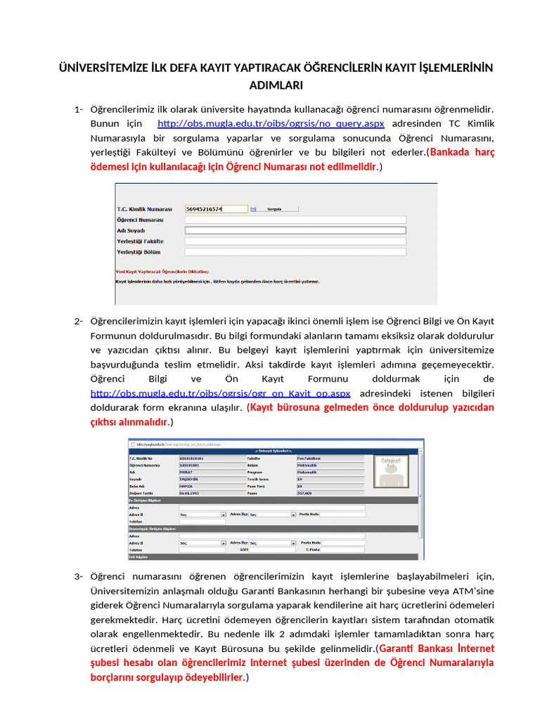 ÜNİVERSİTEMİZE İLK DEFA KAYIT YAPTIRACAK ÖĞRENCİLERİN KAYIT İŞLEMLERİNİN ADIMLARI-ilaveli-son | PDF
