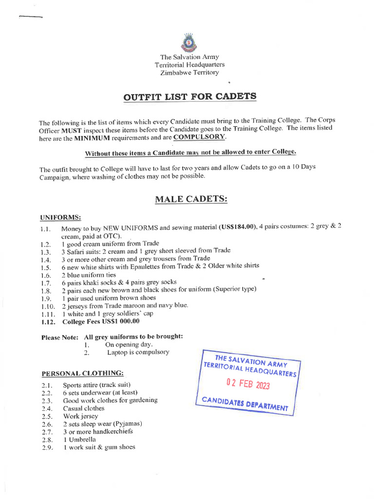 Male Cadets Outfit List | PDF