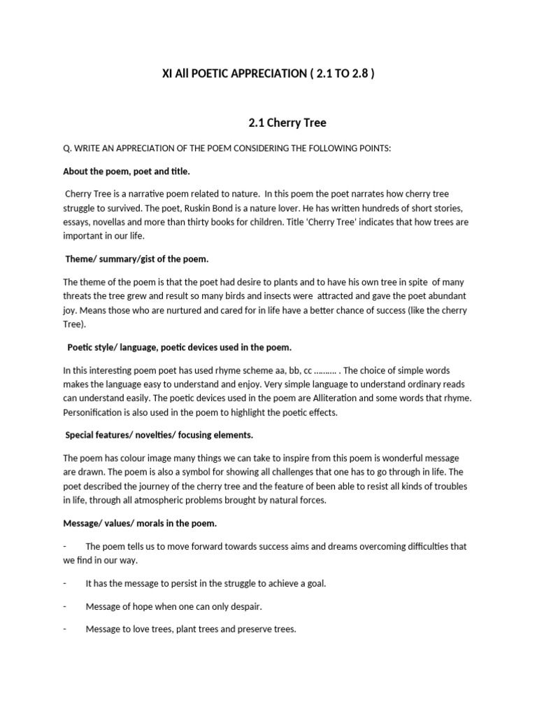 Poem Appreciation for Class 11 | PDF | Poetry | Sonnets