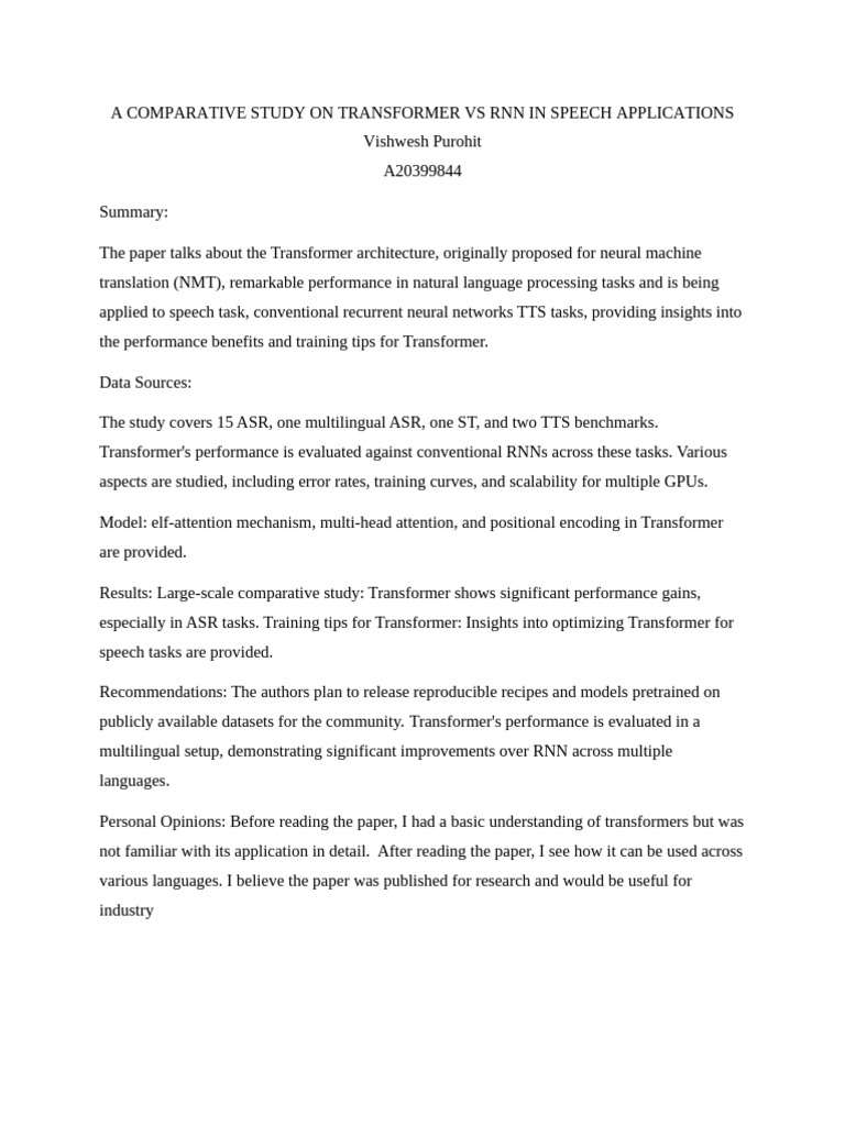 A Comparative Study On Transformer VS RNN in Speech Applications | PDF