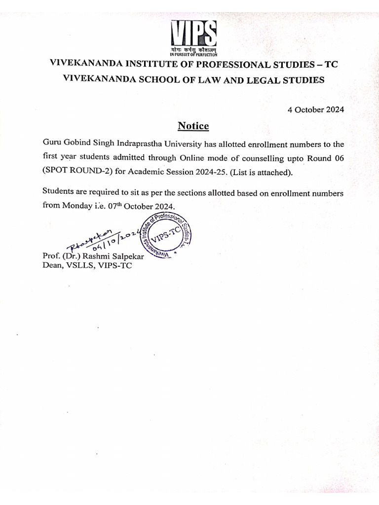 Notice - New Section Allotment (04.10.2024) Legal | PDF