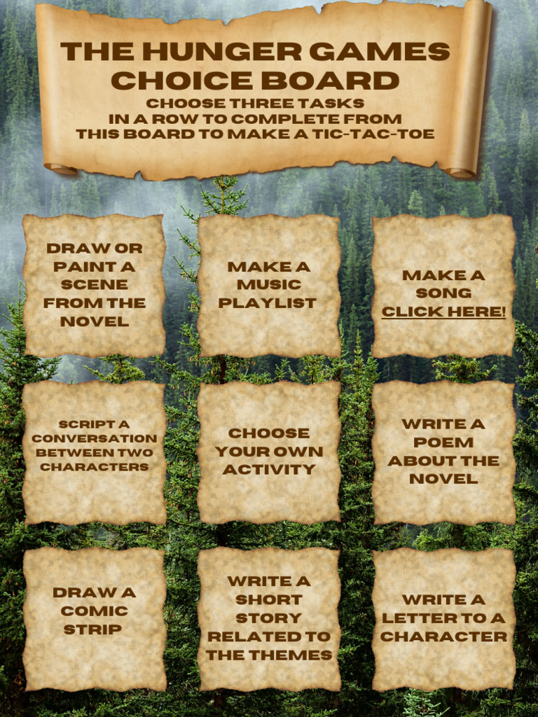 Hunger Games Choice Board chOOSE THREE TASKS IN A ROW TO COMPLETE FROM ...