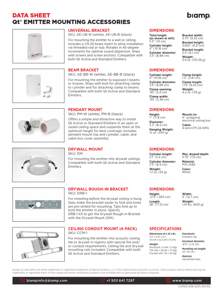Biamp Data Sheet QT Emitter Mounting Accessories | PDF | Screw | Ceiling