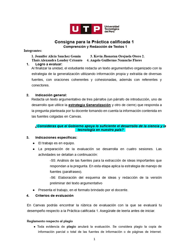 U2 GC - N01L - PC1 Consigna - 23C1M - (V) | PDF